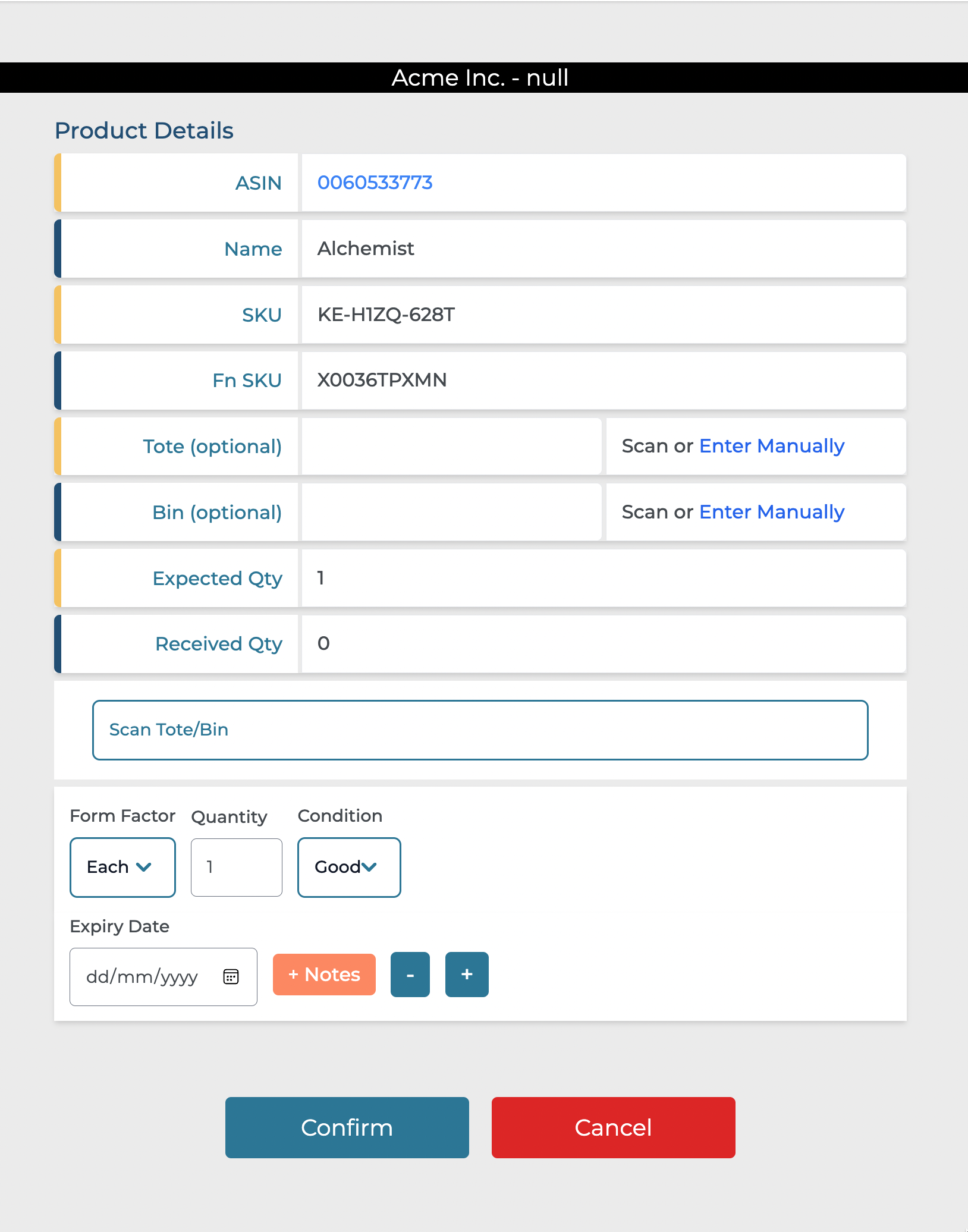 Item Details Screen - Performing Receiving